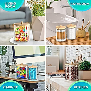 Clear Plastic Apothecary Jars with Lids - Premium Acrylic Qtip Holder Bathroom Set (6 Pack) - 10 Oz Bathroom Canisters for Cotton Ball, Cotton Swab and Cotton Round Pads - Compact Qtip Dispenser