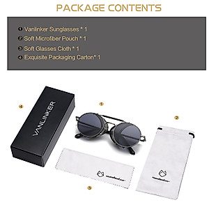 VANLINKER Steampunk Sunglasses for Men Women Polarized Retro Round Side Shield Vintage Crowley Metal Frame with UV400 Protection VL9504