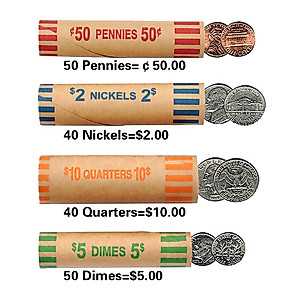 100pcs Assorted Heavy Duty Preformed Coin Wrappers Rolls - Quarters, Pennies, Nickels and Dimes (Total 100 pcs)