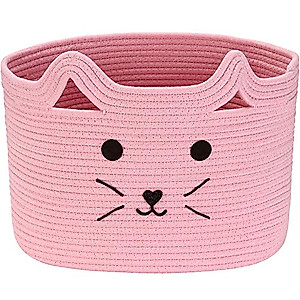 Sea Team Large Cotton Rope Storage Basket with Handles, Woven Storage Bin, Nursery Storage Box, Toys Clothes Organizer, Fabric Pet Storage Basket, Nest for Cat, Dog, 16.5 x 11.8 x 11 inches, Pink