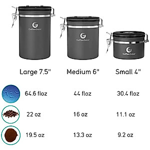 Coffee Gator Coffee Canister, Stainless Steel Airtight Coffee Containers for Ground Coffee with Date-Tracker, CO2-Release Valve, Measuring Scoop & Travel Jar - Medium, 16 oz, Silver