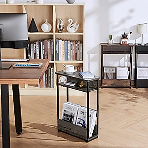 Vintage Narrow Side Table with Storage Shelf, 3 Tier Slim End Table Modern Sofa Table for Narrow and Small Spaces, Bedside Table Small Nightstand with Magazine Rack/Grey, 7.1D x 18.1W x 24.6H inch