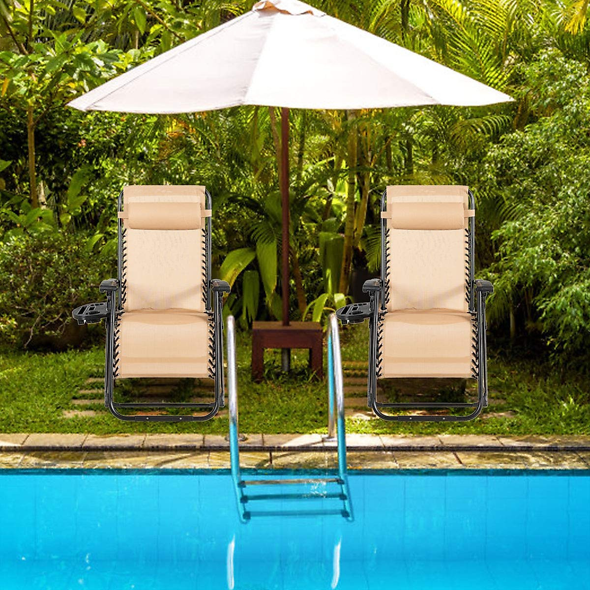 Goplus Zero Gravity Chairs, X-Large Outdoor Lounge Lawn Chair with Cup Holder & Detachable Headrest, Adjustable Folding Patio Recliner for Pool Porch Deck Oversize (Beige)