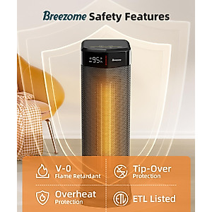 BREEZOME Space Heater for Indoor Use, 1500W Fast Heating Electric Heater with Thermostat, 90°Oscillating PTC Ceramic Heater, 24H Timer Portable Room Heater for Home Office Bedroom