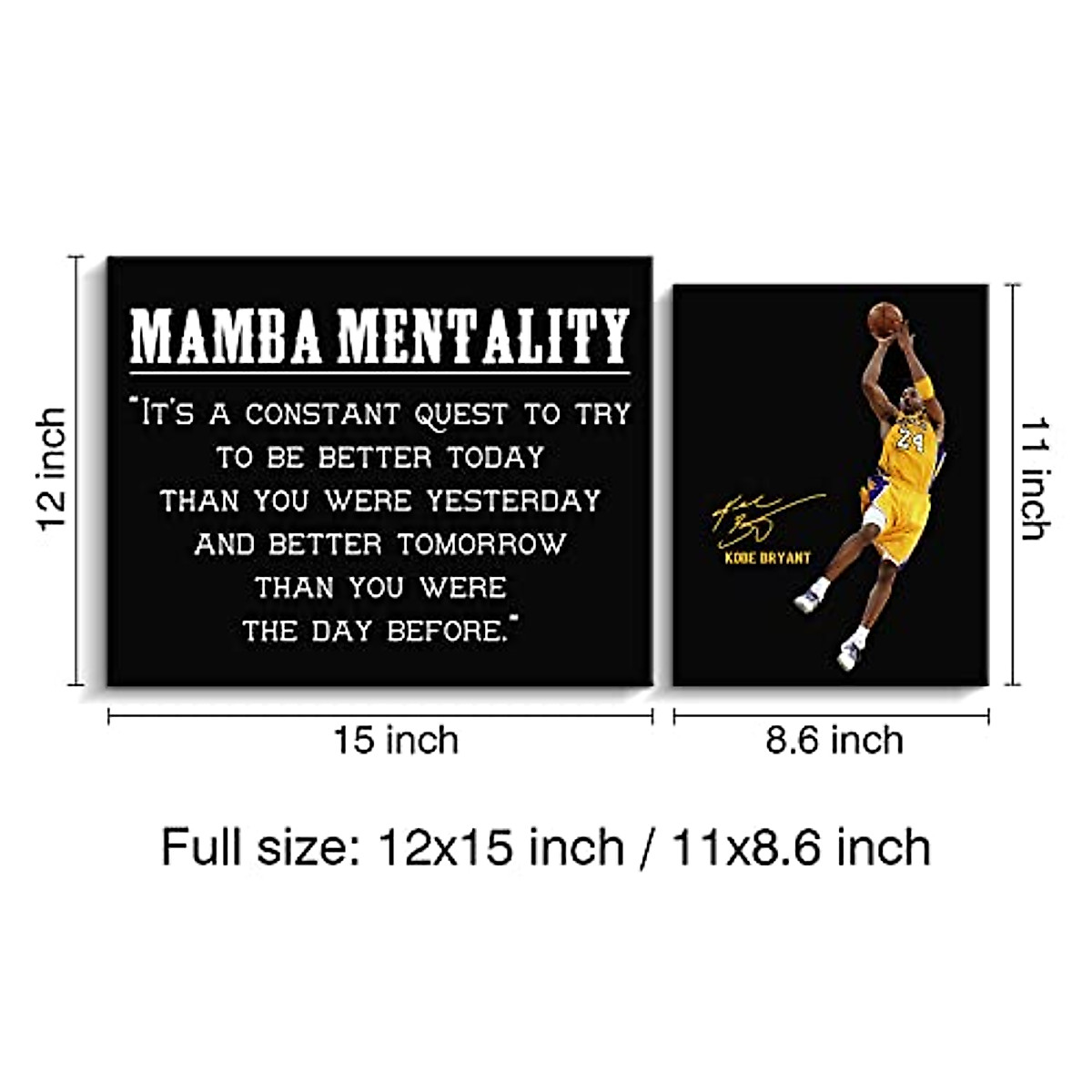 Kas Home 2 Pieces Mamba Mentality Wall Decor Kobe Bryant Poster Inspirational Wall Art Canvas Print Quotes Motivational Hanging Decoration Basketball Player Framed Artwork for Gym Office Boys Teens Room Wall Decor (Black - Mamba, 12 x 15 inch + 8.6 x 11 i
