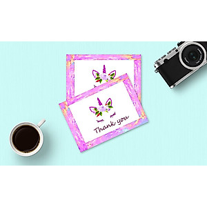 Unicorn Thank You Cards - 4x7 Inches of 50 Purple and Pink Unicorn Design Blank Card Notes with Envelopes - Perfect for Kids and Birthday Parties, Write Happy Gift-Notes for Baby, Graduation, Weddings