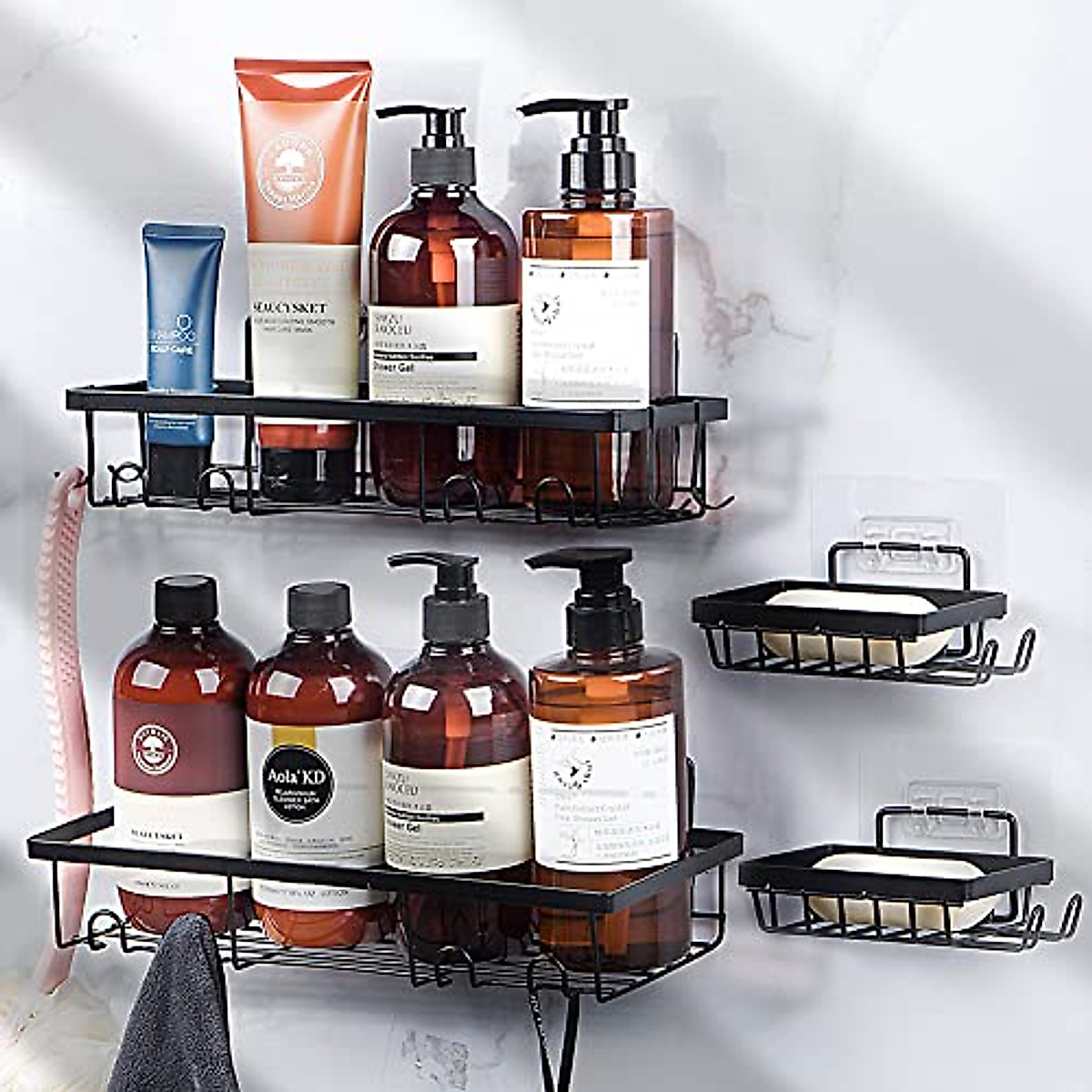 Yueranhu 4-Pack Shower Caddy bathroom wall organizer, Adhesive Bathroom shelf with hooks, No Drilling Soap Shampoo Holder Shower Shelf, Bathroom Accessories, Kitchen Shelf Rack, Black