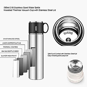 Ballyware 20oz Stainless Steel Vacuum Insulated Flask, Leak Proof Thermos For Hot Drinks With Cup - For Indoor and Outdoor (Black)