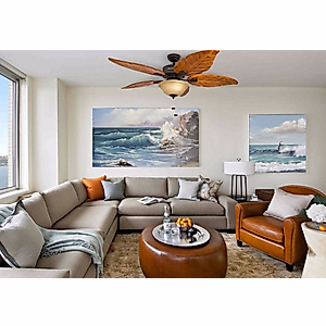 Honeywell Ceiling Fans Royal Palm, 52 Inch Tropical LED Ceiling Fan with Light, Pull Chain, Three Mounting Options, Hand Carved Solid Wood Blades - 50204-01 (Bronze)