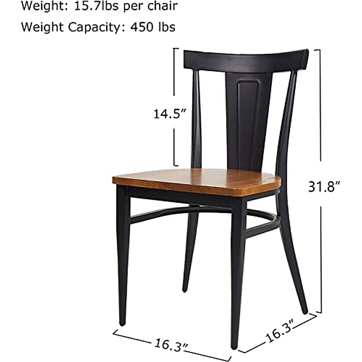LUCKYERMORE Heavy Duty Dining Chairs Set of 2 with Wood Seat and Metal Frame Restaurant Chairs for Commercial and Residential Use, Fully Assembled, 450lb Weight Capacity
