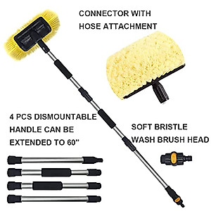 Sengo Car Wash Brush with 12'' Lock Type No Loose No Rotate Soft Bristle Brush and 60'' Dismountable Pole with on/Off Switch for Maximum Cleaning