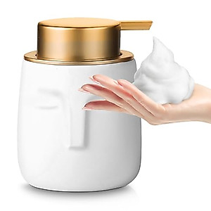 Tmore Foaming Soap Dispenser Ceramic 11.8oz Unique Face-Shaped Hand Dish Foam Soap Bottle Refillable Matte Countertop Lotion Dispenser for Bathroom Kitchen Decro (Foaming White)