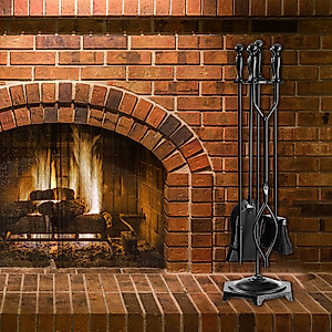 BeShiny 5 PCS Fireplace Tools Set Wrought Iron Fire Place Accessories Tools Modern Tool Poker Tongs Shovel Brush Stand