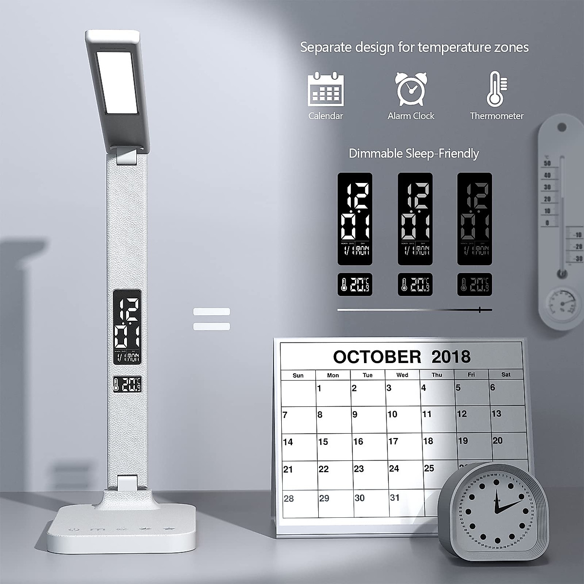 BMQJCBO White LED Desk Lamp for Study Home Office with 10W Charger & USB Port,LCD Display with Calendar Date Temperature Zoning Display, Extra Night Light Functio