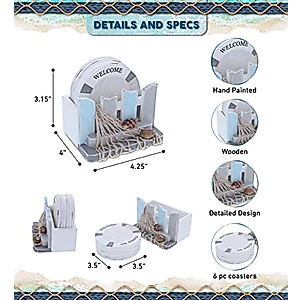 CoTa Global Moonlight Nautical Wooden Coaster Set - Rustic Circle Coaster Set with Holder, Cute Beach Theme Drink Coasters Set for Spill and Scratch Free Tabletop - 6 Coasters and 1 Holder Set