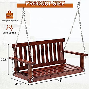 Heavy Duty Outdoor Wooden Porch Swings 4Ft/48in Bench Swing 800lb Weight Capacity, Durable Two Person Hanging Seating with Hanging Chains and Fixing Screw for Garden Backyard Lawn Balcony Deck,Brown