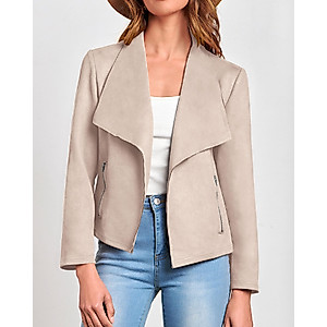 KIRUNDO Women's Faux Leather Suede Jacket 2024 Fall Fashion Light Long Sleeve Cropped Jacket Coats with Pockets(Beige Apricot, Medium)