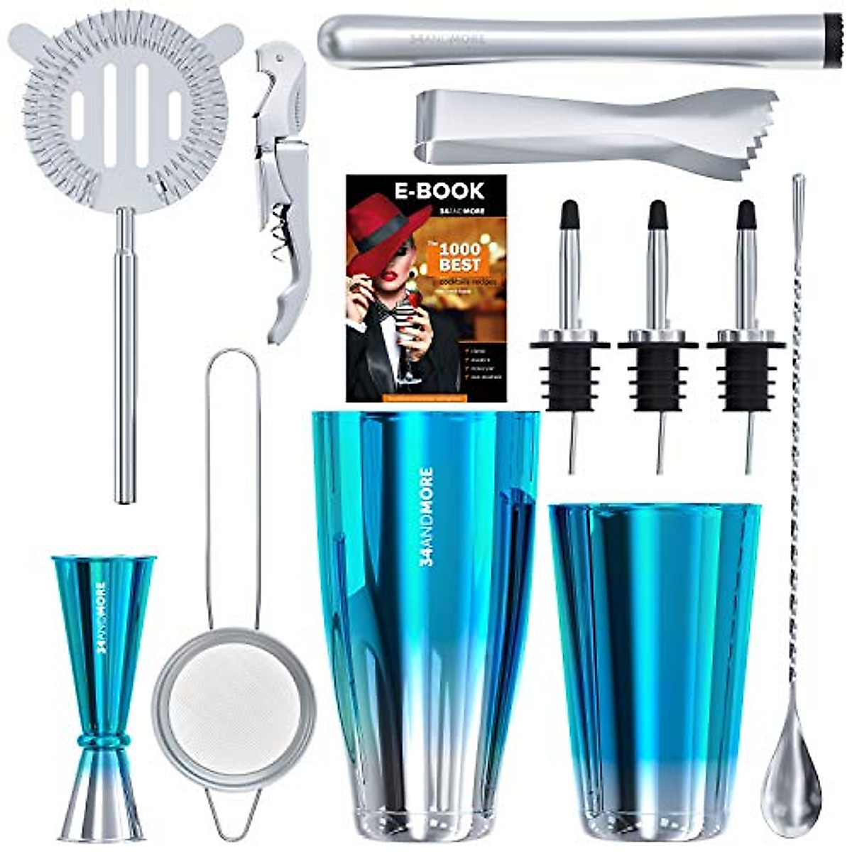 Bartender Kit. Boston Cocktail Shaker Set. Mixology Bar Set Tools Accessories for Professional and Home Bartending. Barware Kit: Two Weighted Shaker Tins, Muddler, Strainer, Jigger, Mixing Spoon, etc