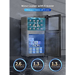 WATOOR Double Door Beverage Wine Cooler with Freezer,1.3 Cu Ft Mini Fridge and 1.3 Cu Ft Freezer with Reversible Door,Dual Zone Temperature Control,Perfect for Home or Office