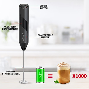 Safring Milk Frother for Coffee - Handheld Stainless Steel Electric Whisk, Battery Powered Foam Maker, Coffee Mixer, Mini Drink Blender for Latte, Frappe, Matcha, Hot Chocolate(Black)
