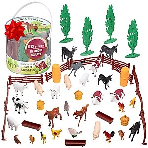 SCS Direct Farm Animal Toy Action Figure 50pc Set - Different Barnyard Animals & Accessories Including Cows, Horses, Chickens, Sheep & More - Great for Bath Toys, Pretend Play, Birthday Gifts for Kids
