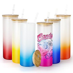 AGH 25 oz Sublimation Glass with Bamboo Lid, 6 Pack Frosted Sublimation Beer Can Glass, Gradient Color Material, Suitable for Beer, Juice, Ice Water, Drinks, Etc.