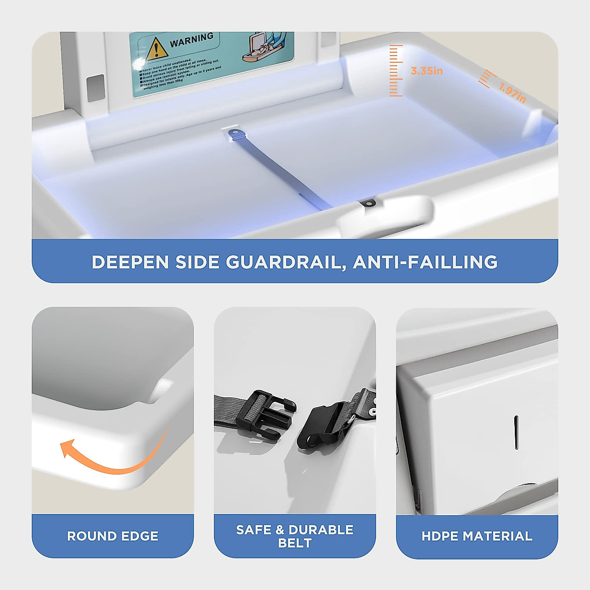 interhasa! Baby Changing Station, Commercial Wall Mounted Fold Down Baby Changing Station with Adjustable Safety Strap, Storage Box,Horizontal-X1001S