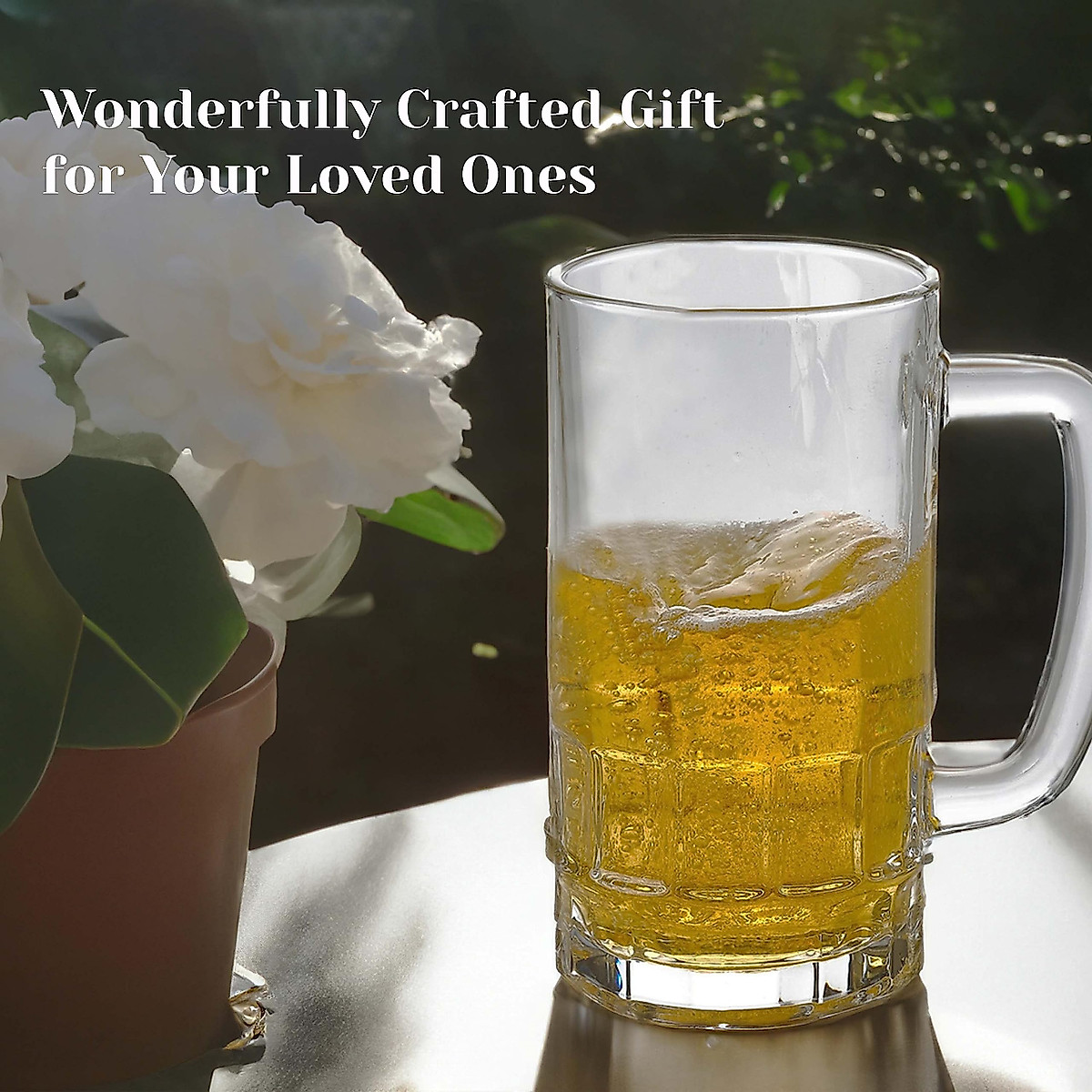 PARNOO Beer Glasses Set of 4 - Freezable 18 oz Glass Beer Mug Made for Cold Beverages - German-Style Beer Stein Mug for Homes, Pubs, Restaurants & More - Dishwasher-Friendly Beer Mugs With Handles