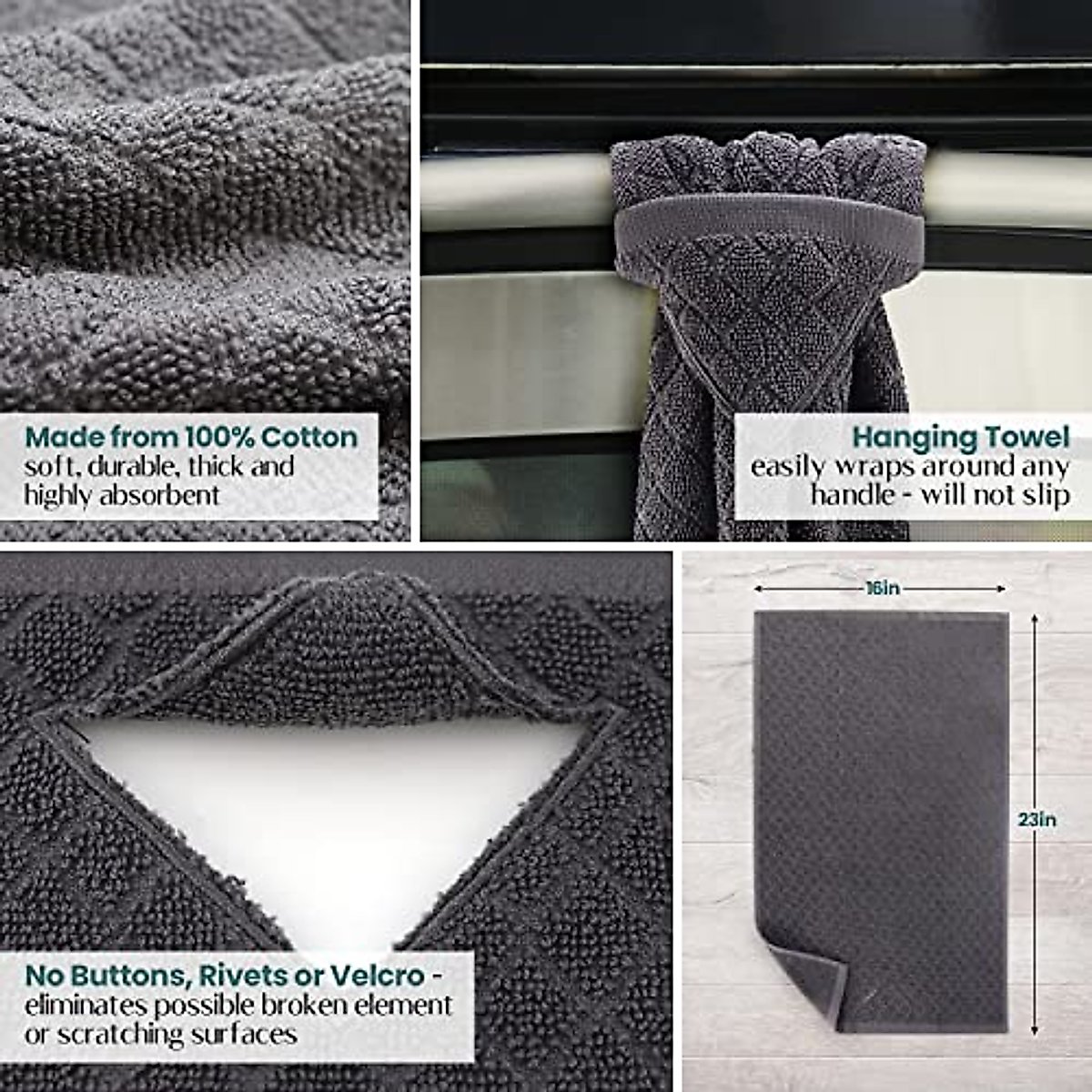 Grey Hand Towels with Hanging Loops - Set of 2 Gray Kitchen Towels, Hanging Kitchen Towels with Hanging Loop, Grey Dish Towels with Loops for Hanging, Oven Towel Loop Without Buttons or Snaps (Short)