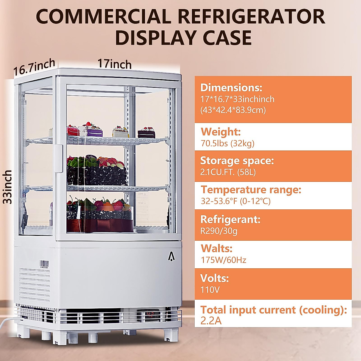 GarveeTech Commercial Refrigerator Display Case 2.1 Cu.FT, Countertop Display Refrigerator, Two Glass Door Display Fridge with LED Lighting, Adjustable Shelves, Double-Layered Glass