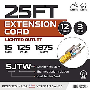 IRON FORGE CABLE 2 Pack of 25 Foot Outdoor Extension Cords - 12/3 SJTW Heavy Duty Lighted Yellow Extension Cable with 3 Prong Grounded Plug for Safety, 15 AMP - Great for Garden and Major Appliances