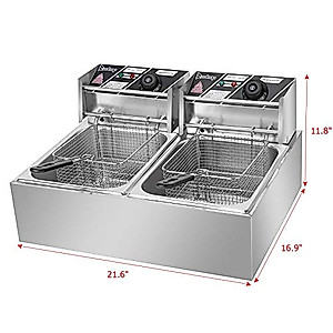 Electric Deep Fryer 23.6L 5000W Stainless Steel Dual Large Tank Basket Lid Countertop Commercial Restaurant