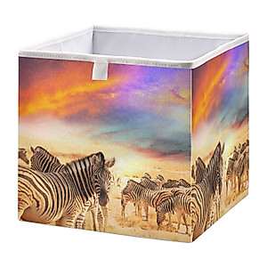 Oyihfvs Zebra Group in Desert On Sunset Colorful Sky Square Collapsible Open Storage Bins, Foldable Toy Nursery Basket Bin Cloth Cube Organizer with Handles for Shelves Closet