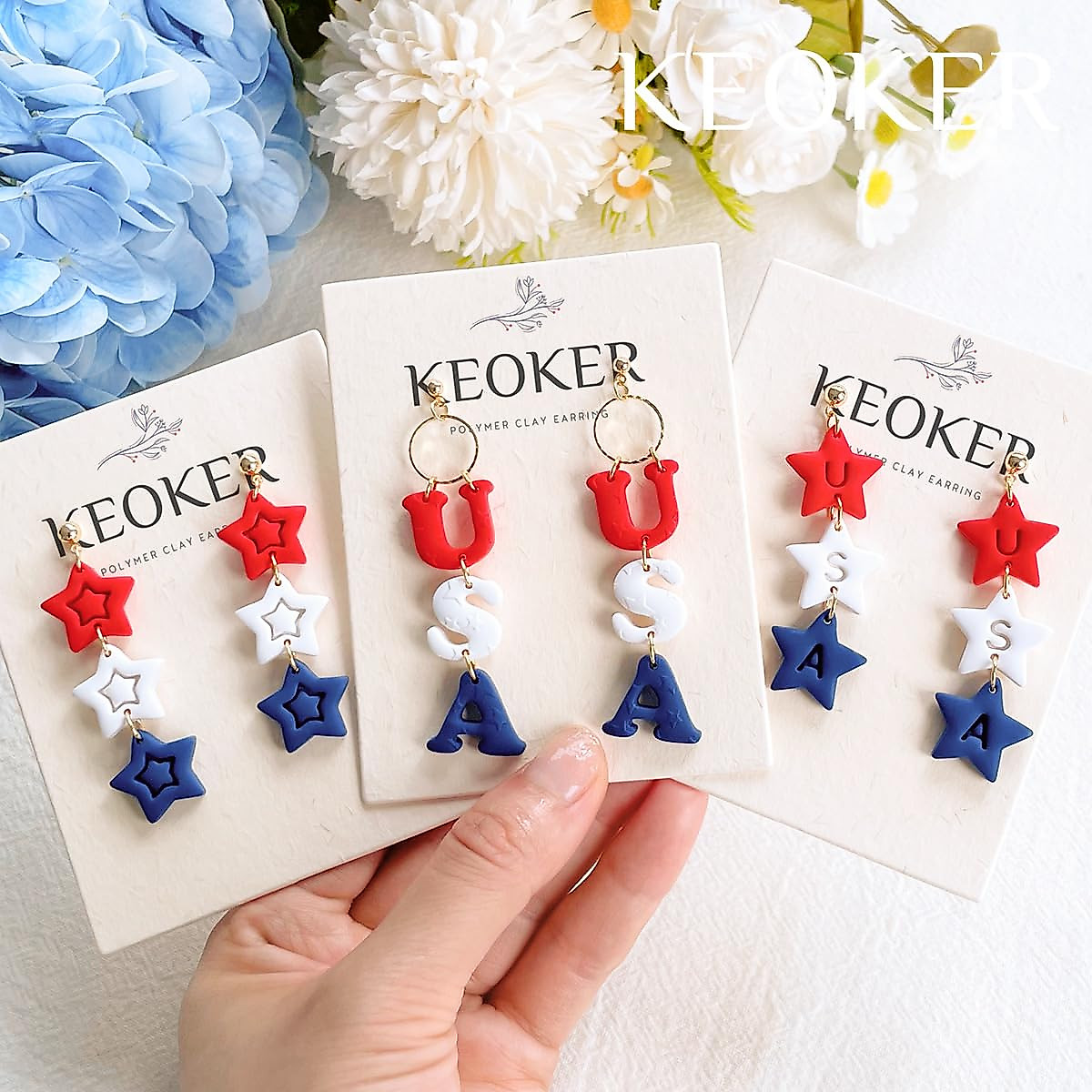 Keoker 4th of July Clay Cutters - 16 Pcs Fourth of July Polymer Clay Cutters, Independence Day Clay Earring Cutters, Stars Clay Cutters for Earrings, USA Letters Clay Cutters.