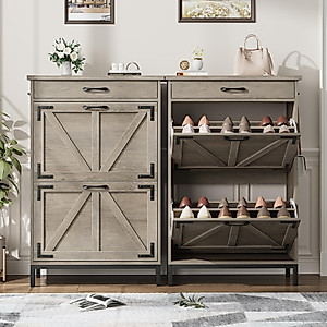 Shoe Cabinet Storage for Entryway Hidden Shoes Storage Cabinet Farmhouse Narrow Shoe Organizer Cabinet with 2 Flip Drawers, Free Standing Slim Shoe Cabinet for Door Entry, Foyer, Hallway, Grey