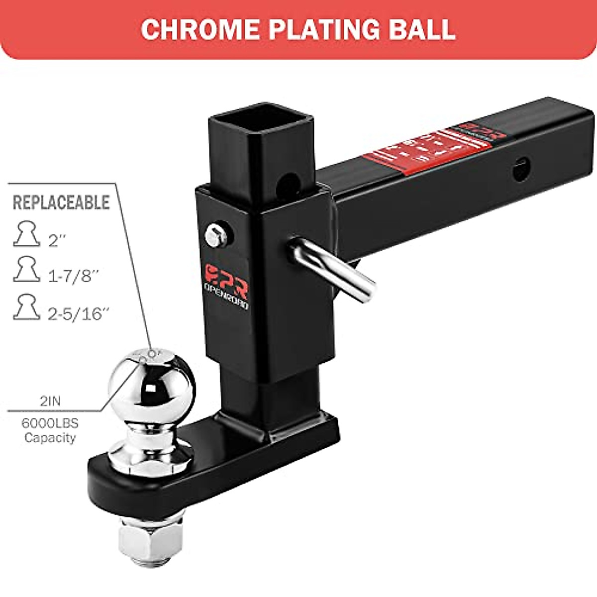 OPENROAD Adjustable Trailer Hitch Ball Mount Fits 2-Inch Receiver, 2’’ Ball 6000LBS, 6 1/4" Drop/ 7 1/2" Rise Drop Hitch, Tow Hitch for Heavy Duty Truck with Stainless Steel Pins