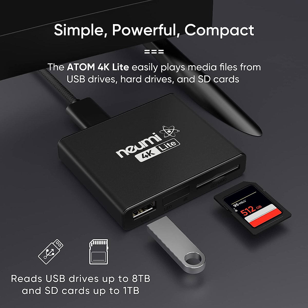 NEUMI Atom 4K Lite Ultra-HD Digital Media Player with Motion Sensor and Push Button Trigger Bundle, Plays 4K/UHD Videos from USB Drives and SD Cards, HEVC/H.265, HDMI, Automatic Playback and Looping