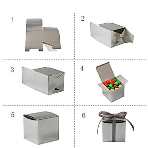 KUPOO 50PCS Favor Boxes,Candy Boxes 2.2x2.2x2.2 Inches Small Gift Boxes with Ribbons for Wedding Baby Shower Decorations Birthday Party Supplies (Silver)
