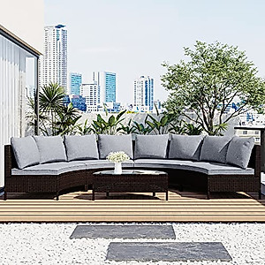 Rhomtree 5-Piece All-Weather Outdoor Sectional Sofa Set Half-Moon Wicker Conversation Set with Beige Cushions & Tempered Glass Coffee Table, Brown PE Rattan Wicker Sofa (Gray)