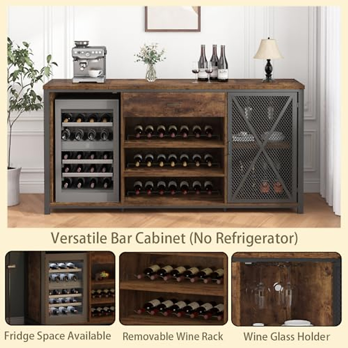 LVB Large Bar Cabinet with Fridge Space, Rustic Long Liquor Cabinet with Drawer Storage, Farmhouse Wood Metal Wine Cabinet with Rack, Sideboard Buffet for Kitchen Dining Room, Rustic Brown, 70 Inch