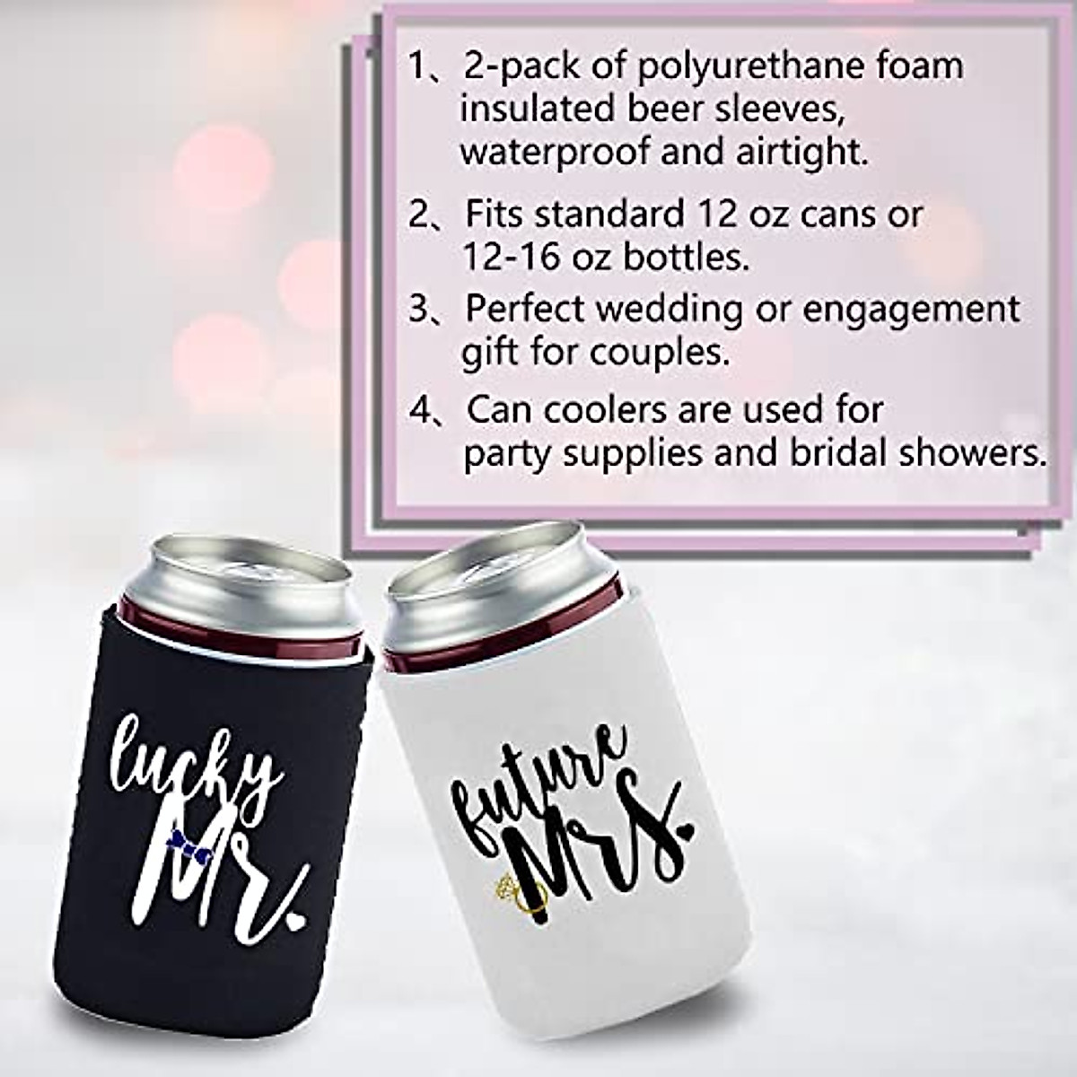 Bridal Shower Party Decoration Beer Can Coolie Coolers Funny Wedding Bride Groom Gifts-Lucky Mr Future Mrs(12-16 Oz Bottles,2 Pack)