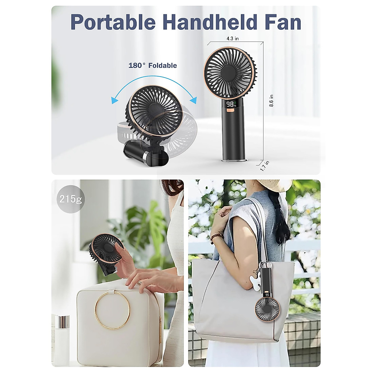 JMOSTRG Handheld Fan - Portable Fan 5200mAh, Metal Handle Mini Hand Held Fan Foldable, USB Rechargeable Personal Fan Power Bank, 6 Speeds Quiet Handheld Fan with LED Display, Cooling Fan for Travel