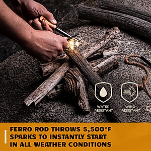 Ferro Rod Fire Starter Survival Tool | Flint and Steel w/ 4PK Jumbo Tinder Rope Fire Starters for Campfires Hiking Backpacking | Waterproof Magnesium Farrow Rod Tools