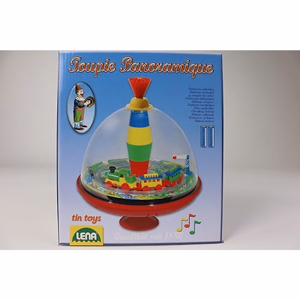 Lena 52120 tin Toys Panorama Ø19 cm, Plastic Humming, Classical Pump Mechanism, Musical Locomotive, Stand, Spinning top for Children from 18 Months, Colourful