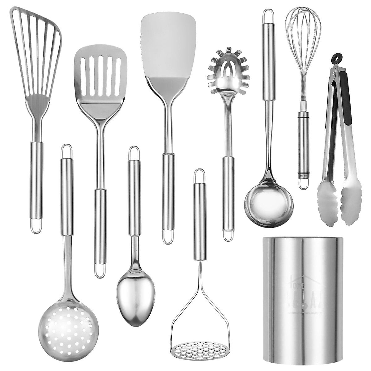Abodpove Stainless Steel Cooking Utensils Set - 11pcs Kitchen Utensils Set with Holder for Cooking, Stainless Steel Utensils Set with Potato Masher, Skimmer, Spoons, Turners, Whisk, Tongs