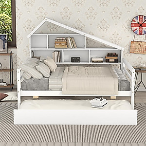 Harper & Bright Designs Full Size Daybed with Trundle and Storage Bookcase, Solid Wood Platform Bed Frame, House Bed for Kids Girls Boys, No Box Spring Needed (Full, White)