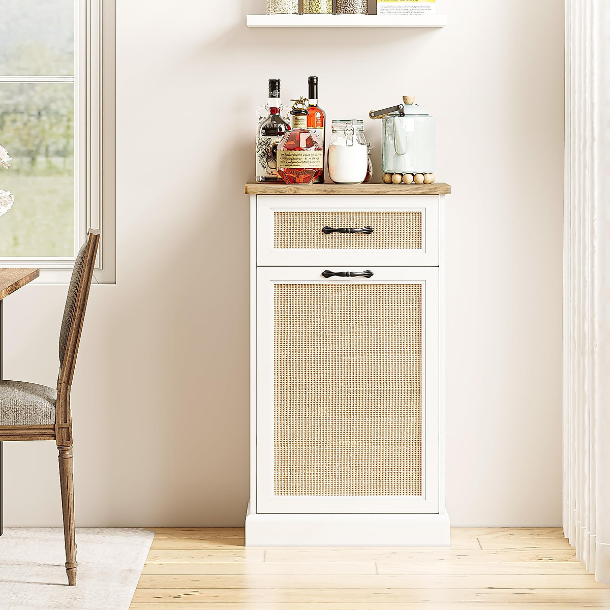 CABIHOME Rattan Tilt Out Trash Cabinet, Freestanding Trash Can Cabinet 10 Gallon Storage, Hidden Pet-Proof Garbage Can Cabinet Laundry Hamper for Kitchen Dining Living Room