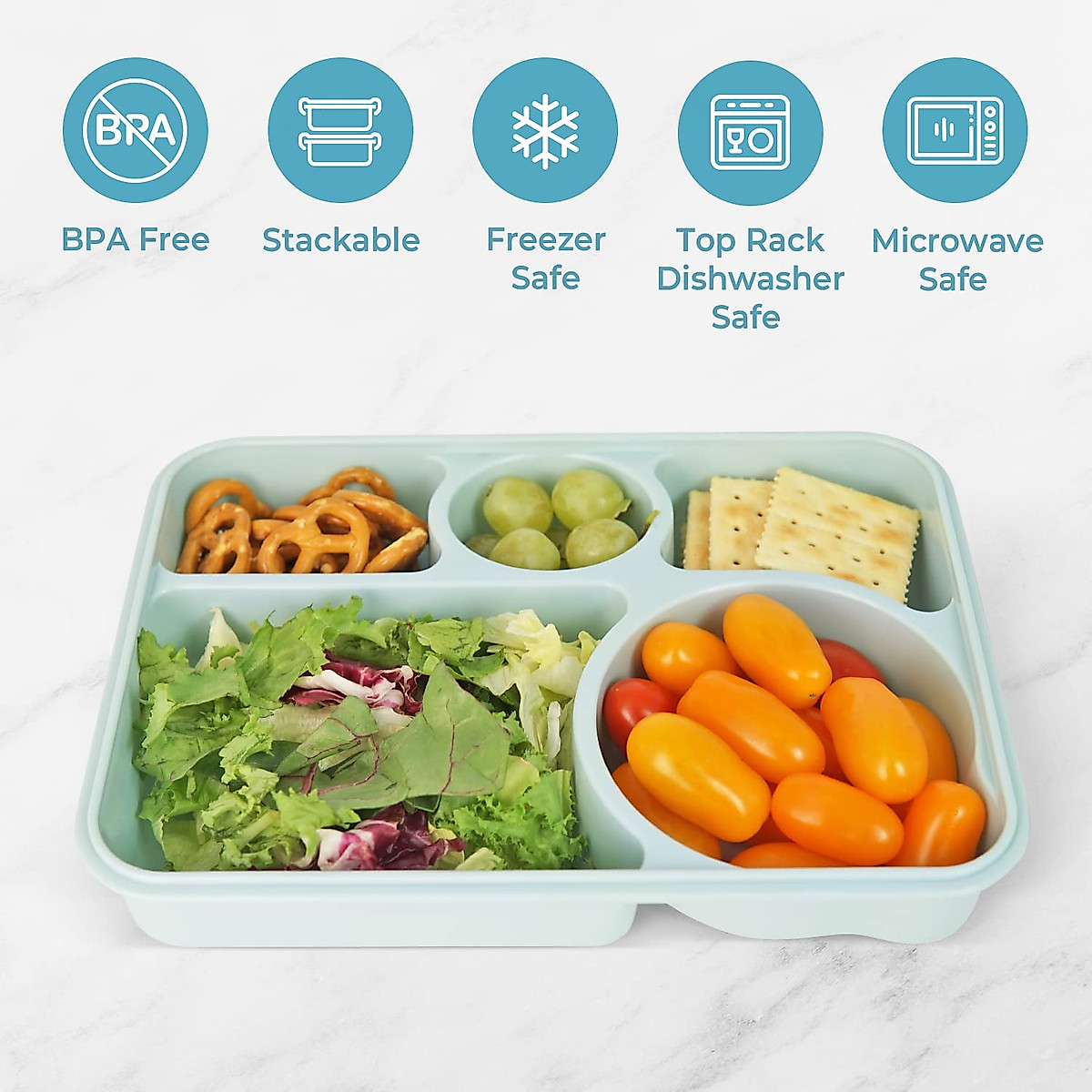 carrotez Portion Control Plate, Microwave Food Storage Tray, 5 Compartment Divided Plate with Lid, Top Rack Dishwasher Safe, BPA Free