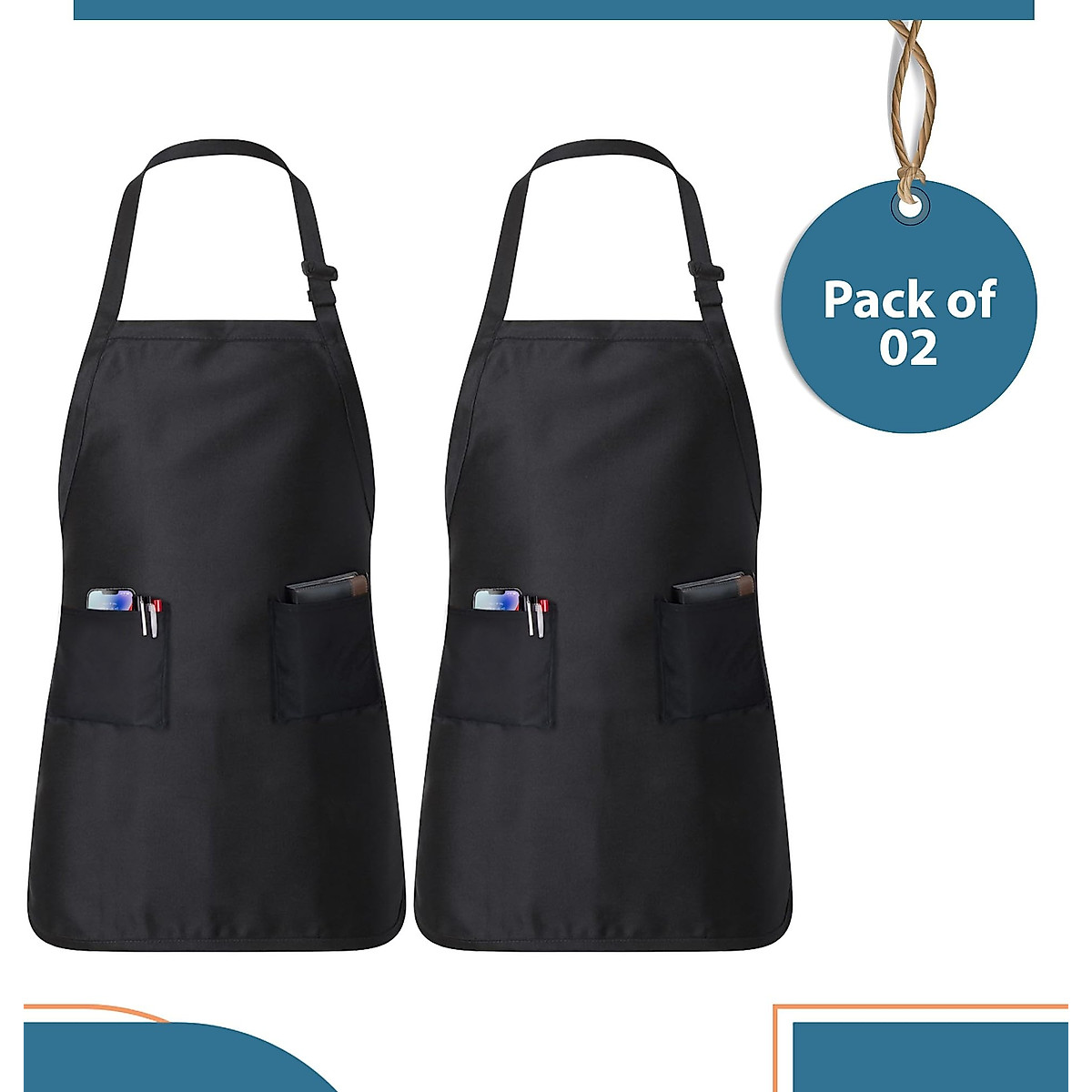 Premium Adjustable Cotton Chef Aprons with 2 Pockets and Bandana, 2 Pack, Kitchen Apron for Women and Men (Black)