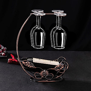 Homya Tabletop Metal Wine Glass Holder, Wine Countertop Goblet Holder Kitchen Bar Display Stand for Handy Wine Glasses Wine Bottle Holds 1 and 4 Wine Glasses, Table Wine Bottle Accessories, Bronze